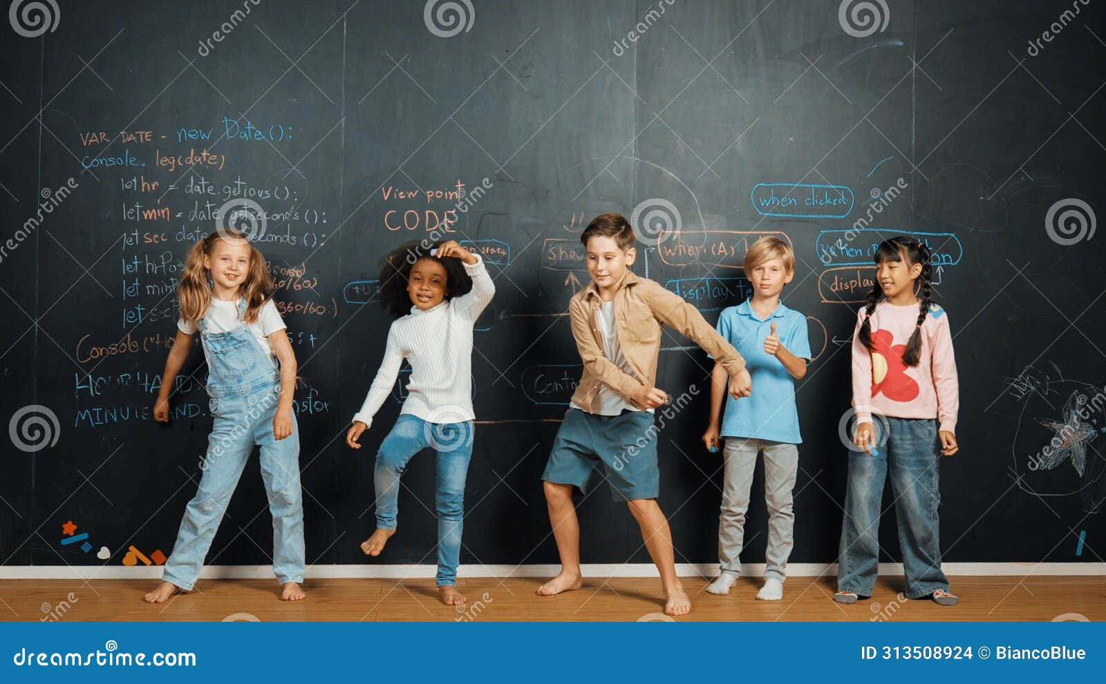 Diverse Students Turn Around and Dancing at Blackboard with Code ...