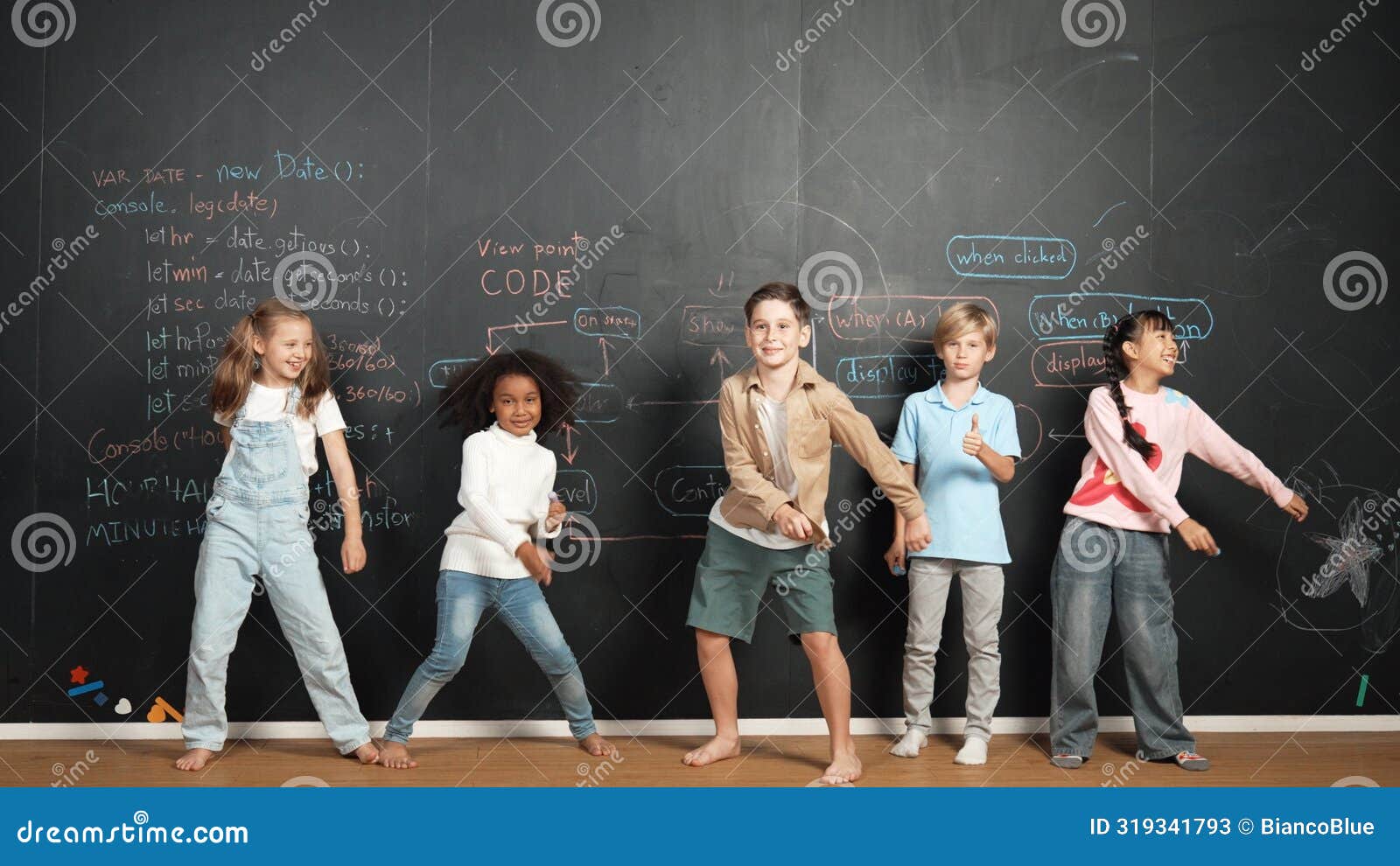 Diverse Students Turn Around and Dancing at Blackboard with Code ...