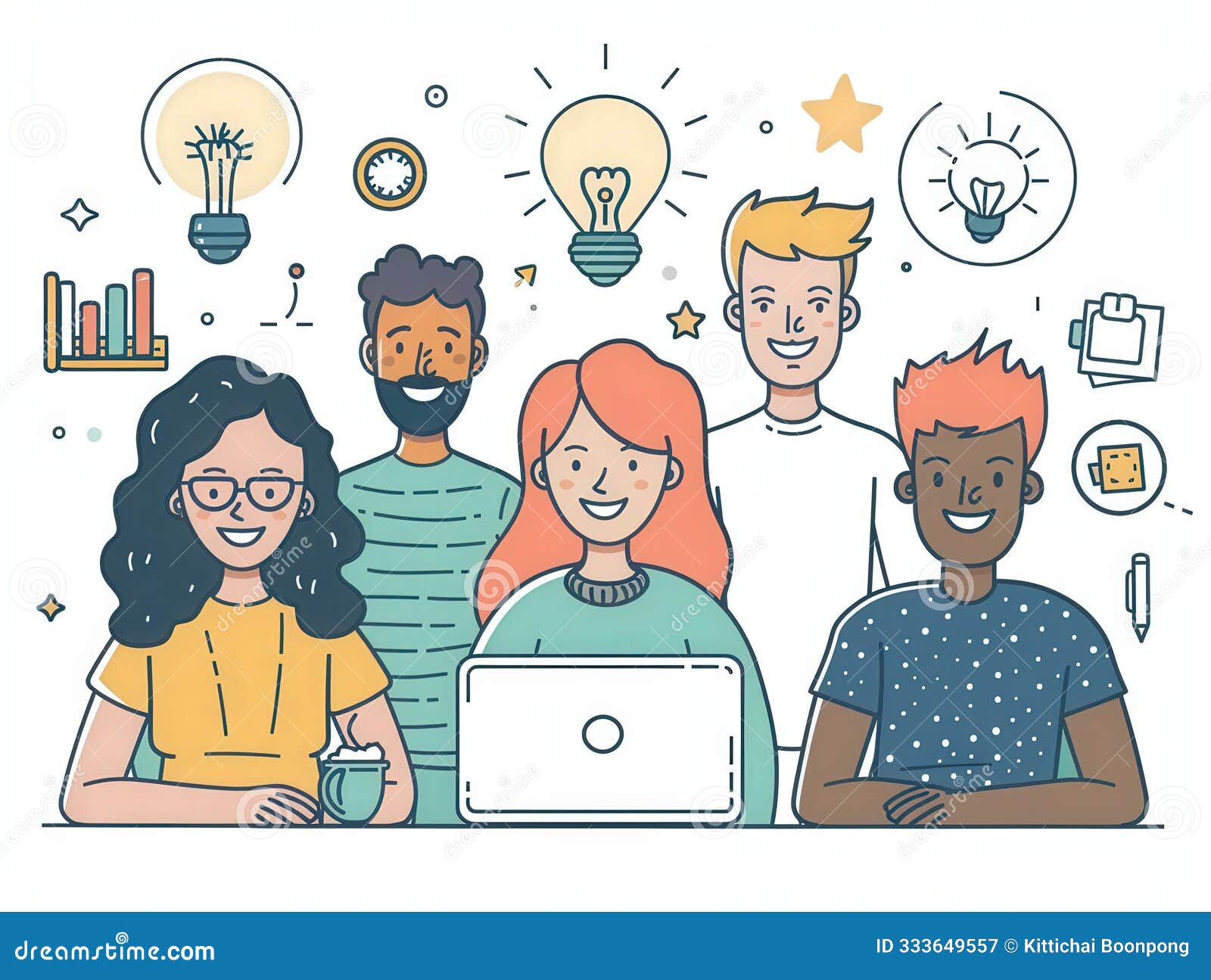 Diverse Team Around a Laptop, Sharing Ideas and Collaborating on a Project Stock Illustration ...