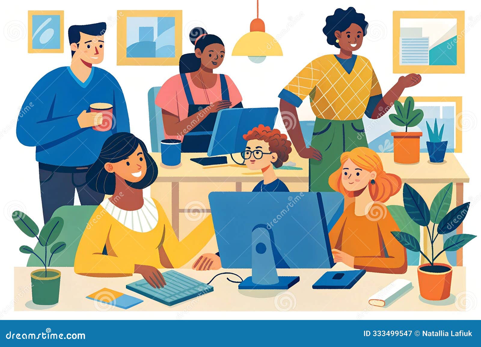 Diverse Team Brainstorming with Computer Flat Illustration. Collab ...