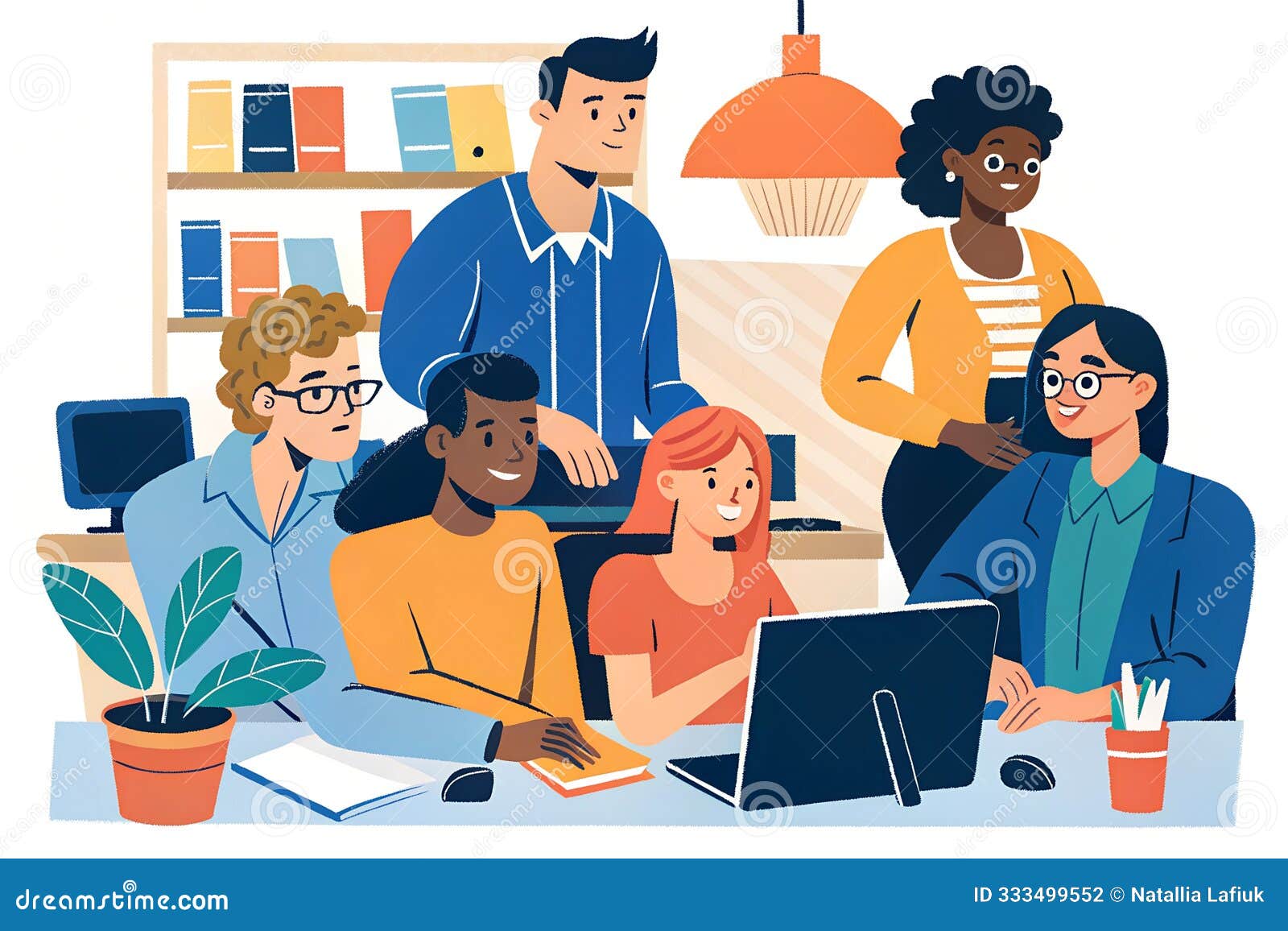Diverse Team Brainstorming with Computer Flat Illustration. Collab ...