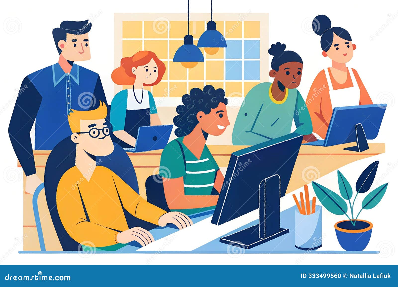 Diverse Team Brainstorming with Computer Flat Illustration. Collab ...