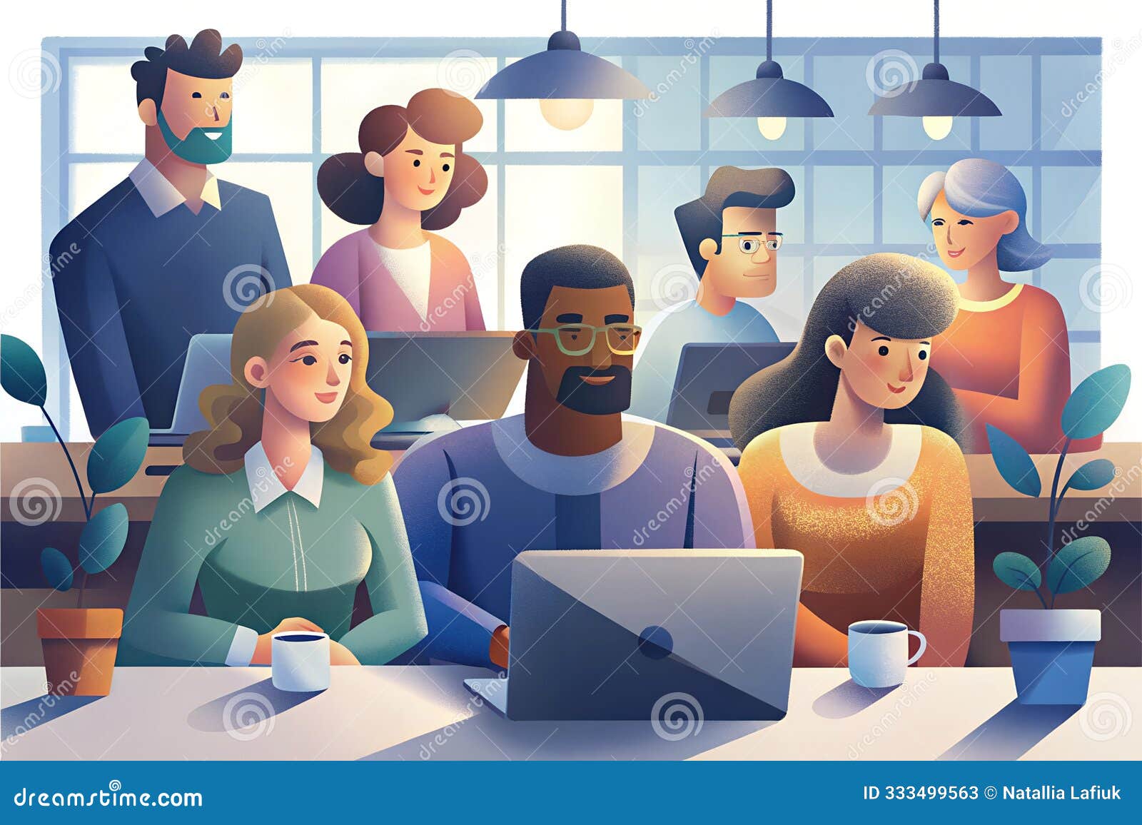 Diverse Team Brainstorming with Computer Flat Illustration. Collab ...