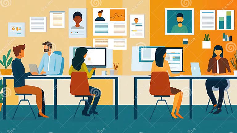 A Diverse Team Members Engaged in Work at Desks with Computer Screens ...