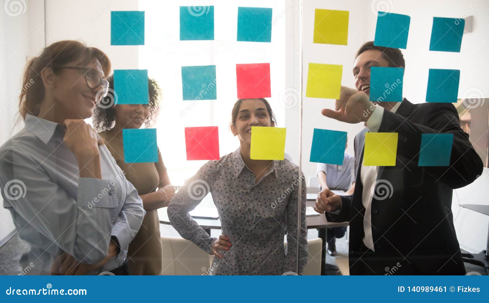 Diverse Team People Looking at Sticky Notes on Glass Brainstorming ...