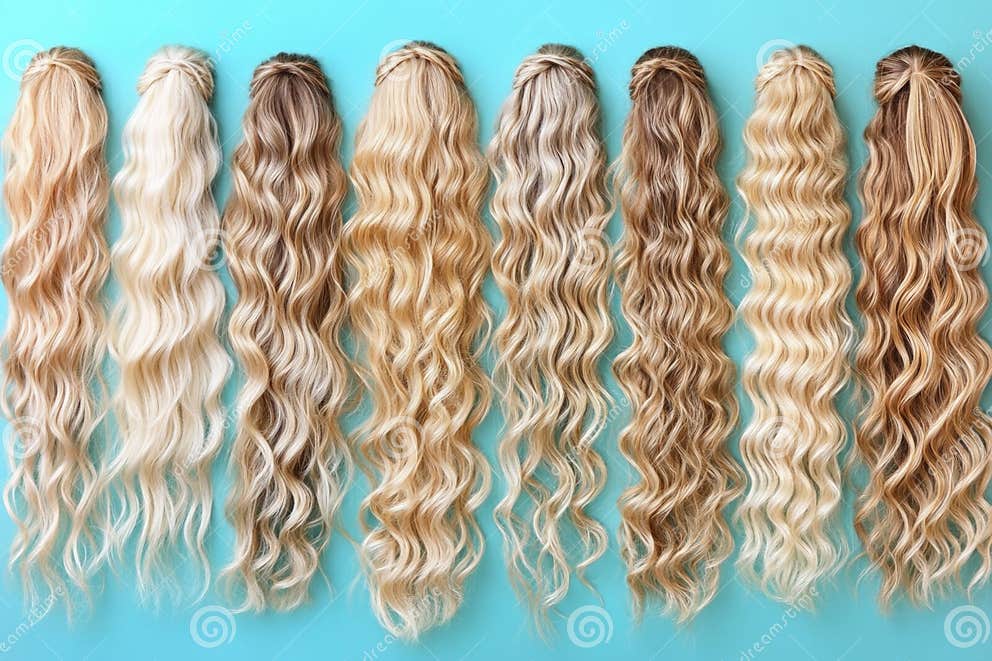 Diverse Wavy Hair Extensions Display on Blue Background Stock Photo ...
