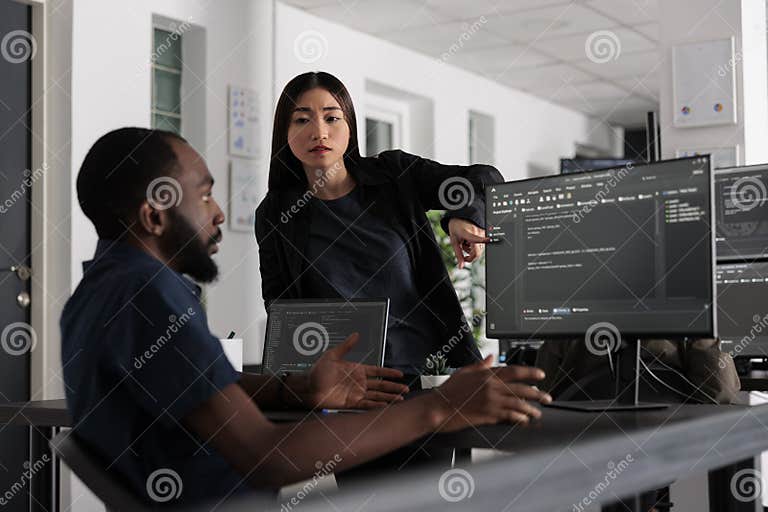 Diverse Web Developers Working On Software Development With Source Code Stock Image Image Of