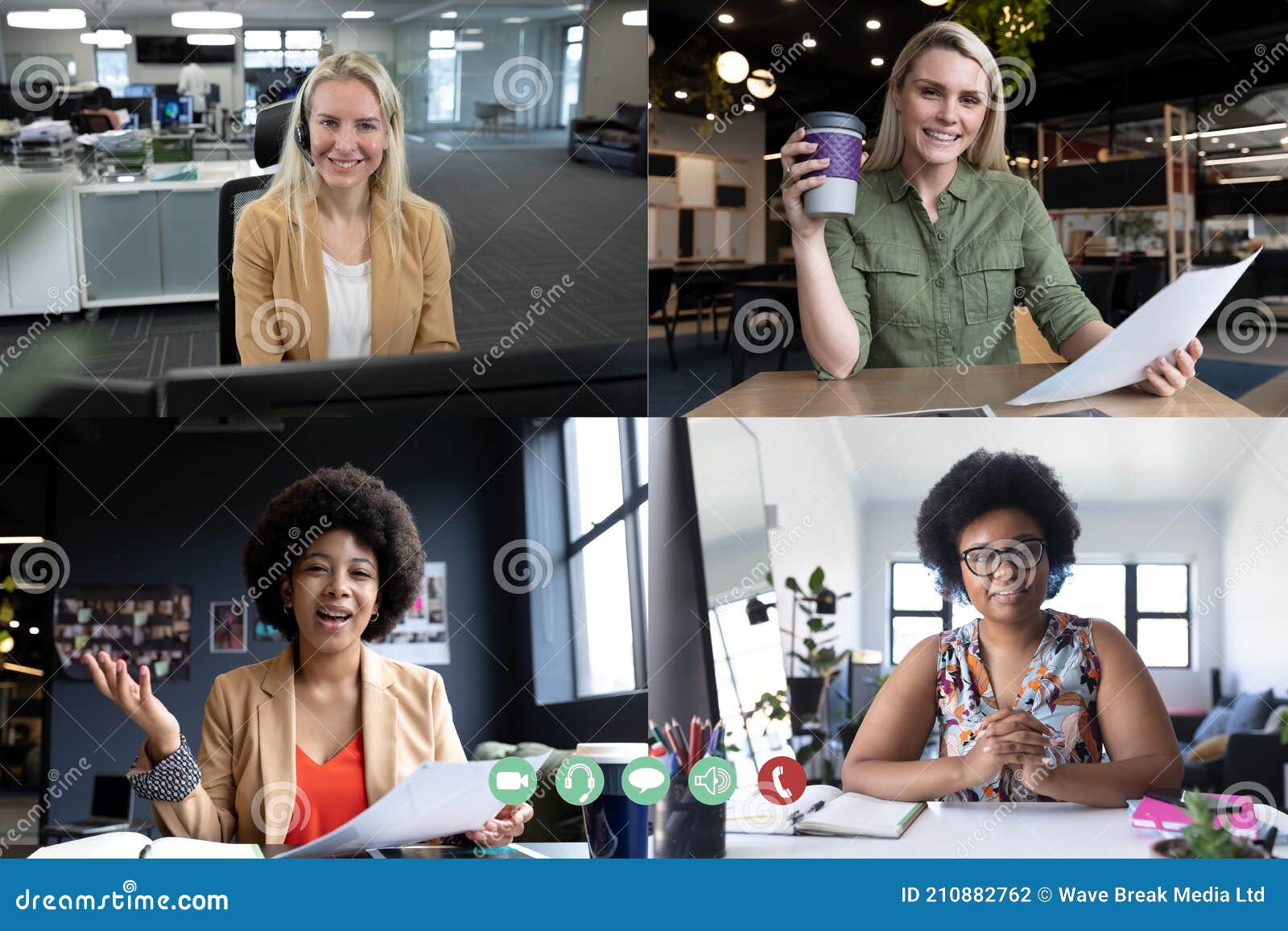 Diverse Women on Computer Screen during Video Chat Working in Office ...
