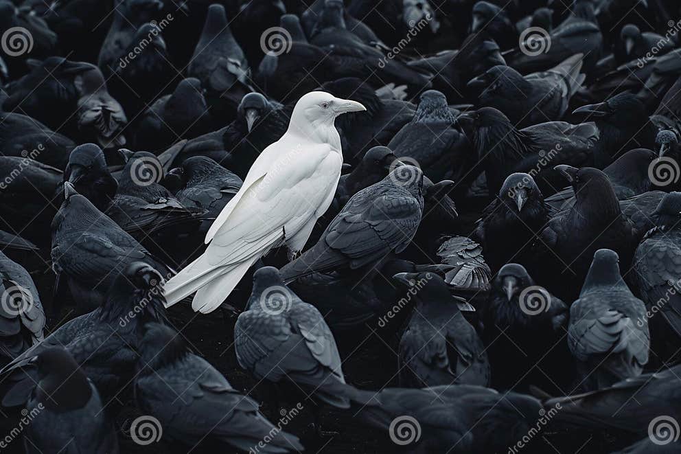 Diversity Concept, White Crow in Flock of Black Crows Stock ...