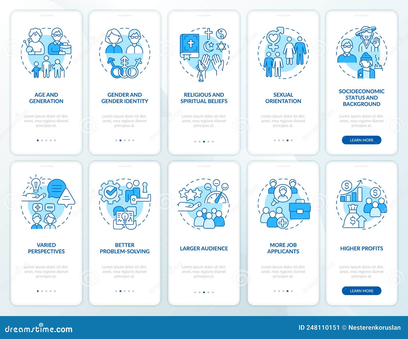 Diversity and Inclusion Blue Onboarding Mobile App Screen Set Stock ...