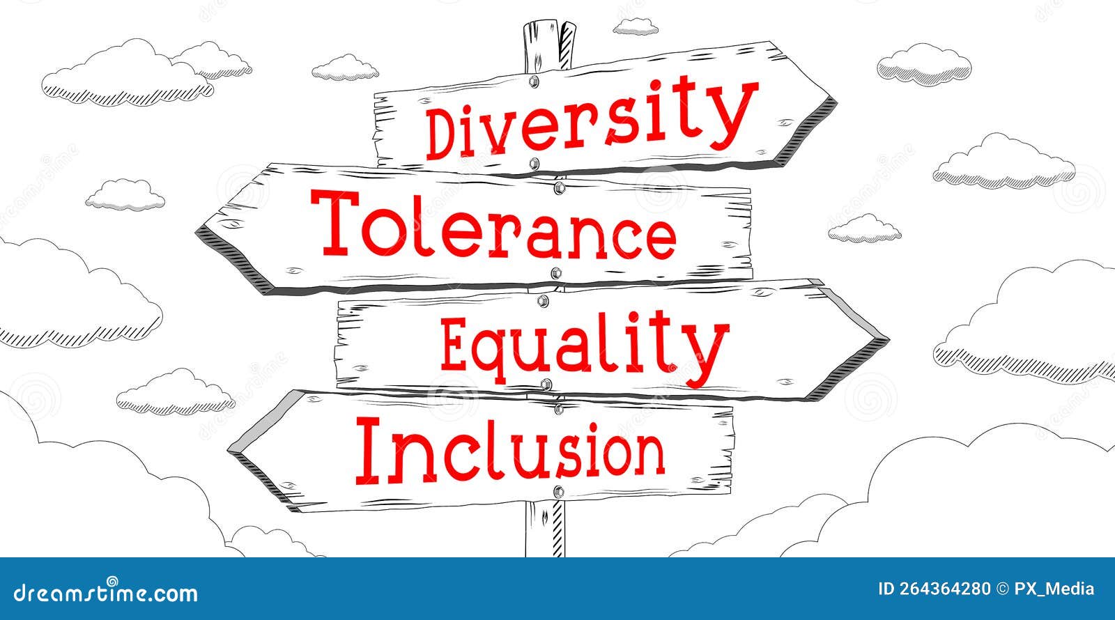 Diversity, Tolerance, Equality, Inclusion - Outline Signpost with Four ...
