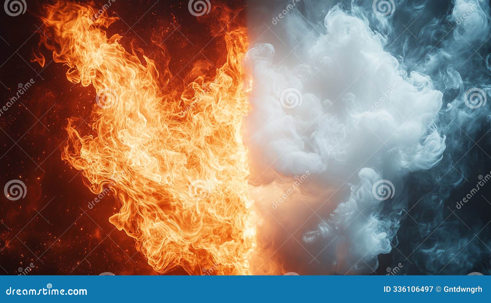 Divided Image, Two Parts, the Left Side is Burning Fire and the Right ...