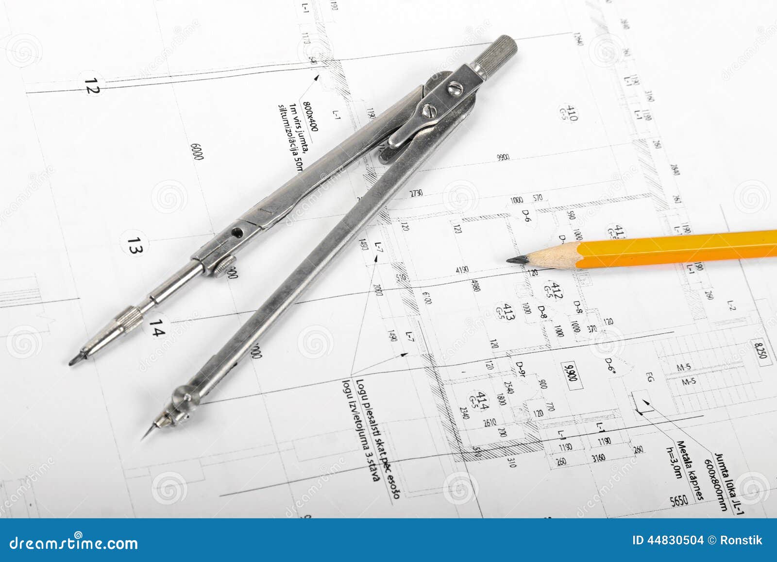 Divider and Pencil on Architectural Blueprints Stock Photo - Image of ...