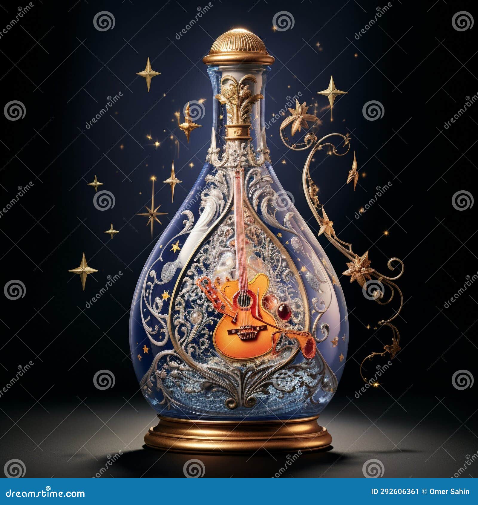 Divine Elixir Bottle With Celestial Symbolism And Musical Instruments Royalty-Free Stock ...