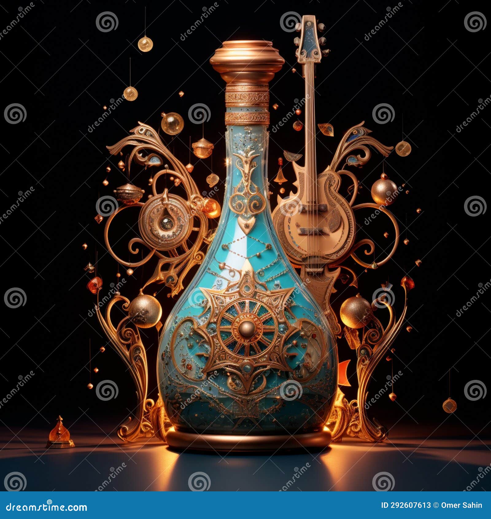 Divine Elixir Bottle with Celestial Symbolism and Musical Instruments ...