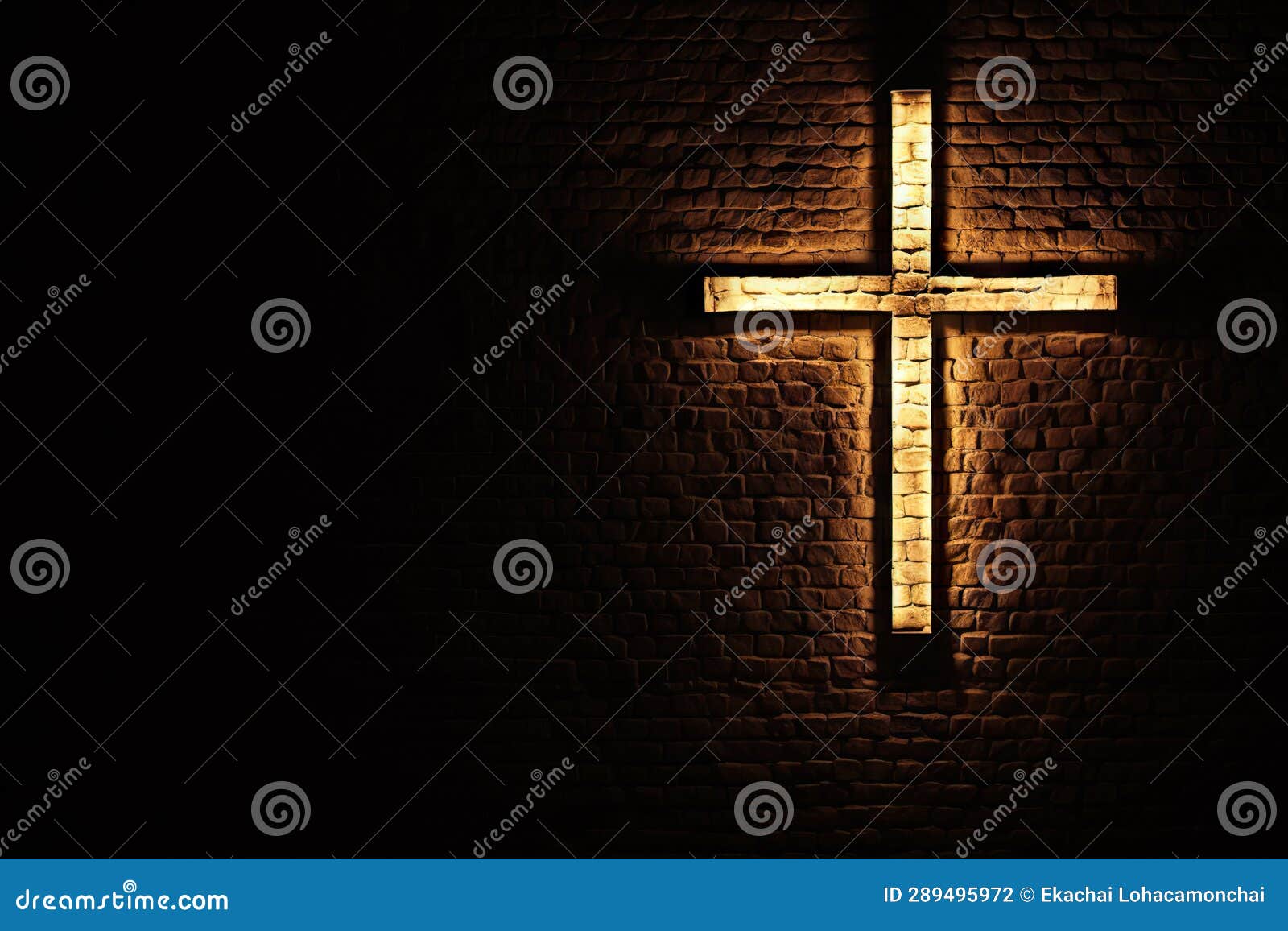 Divine Illumination Lighted Cross Background with Copy Space on Brick ...