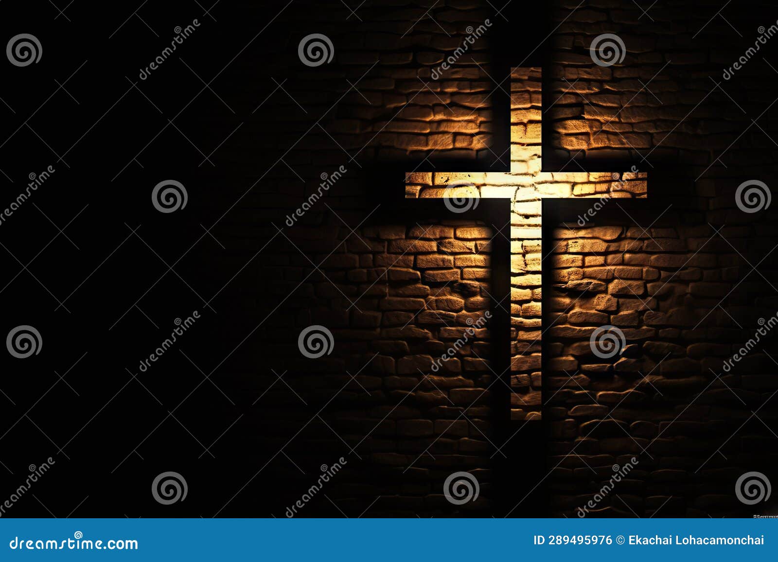 Divine Illumination Lighted Cross Background with Copy Space on Brick ...