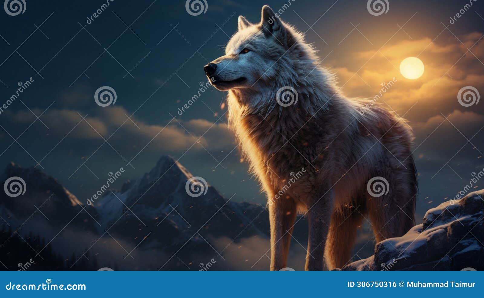 A Divine Wolf Standing Beneath the Radiant Moon, Its Fur Bathed in the ...