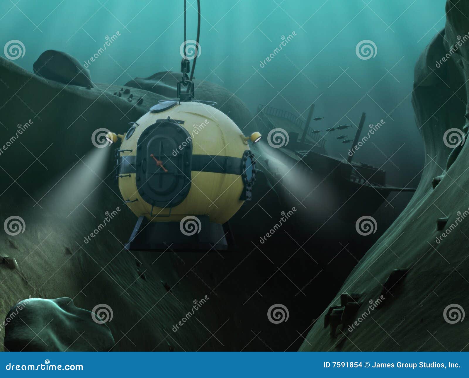 Diving Bell With A Diver At The Bottom Of The Sea - Vector Cartoon ...