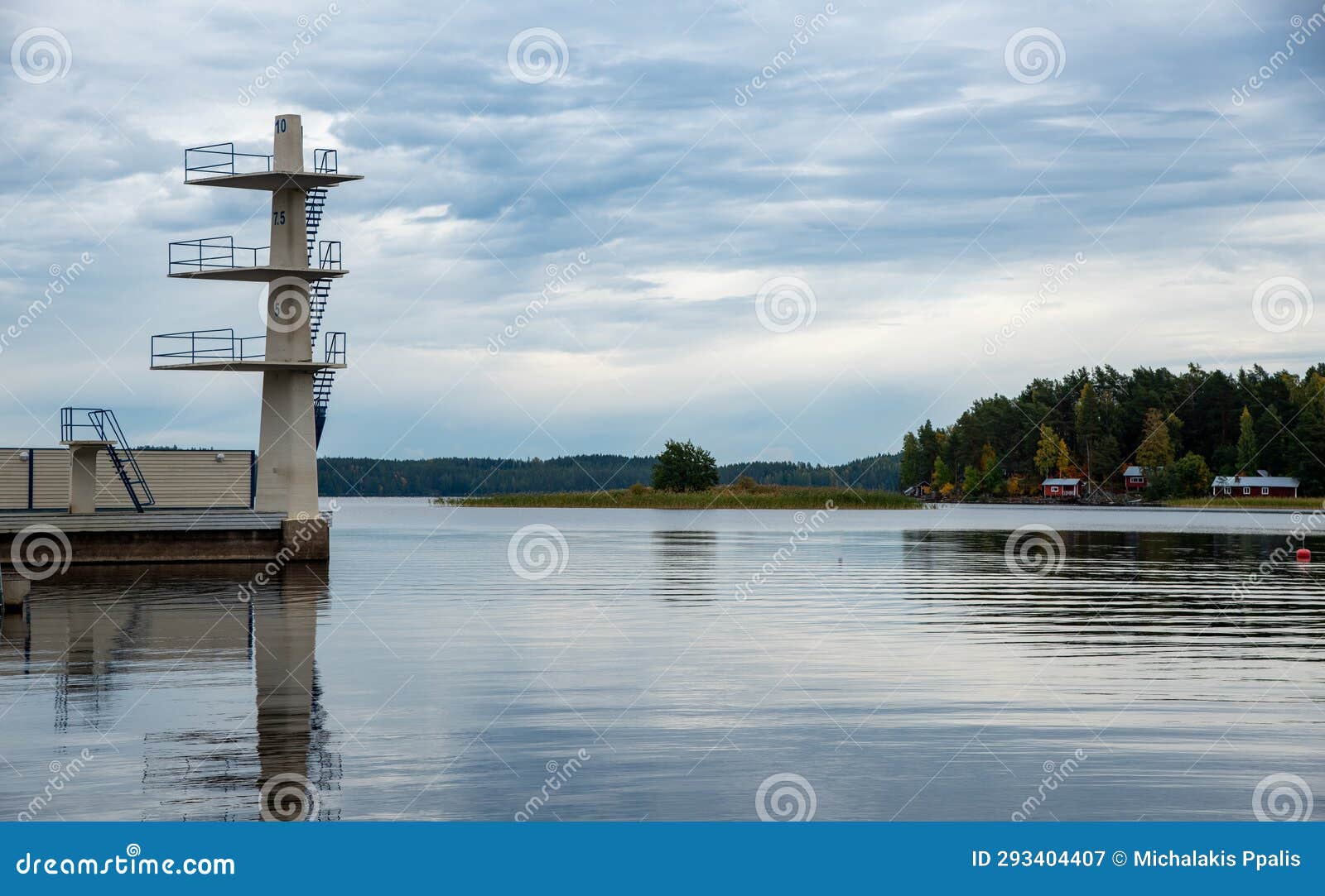 Diving Board Platform for Dive in the Lake. Cloudy Sky Copy Space for ...