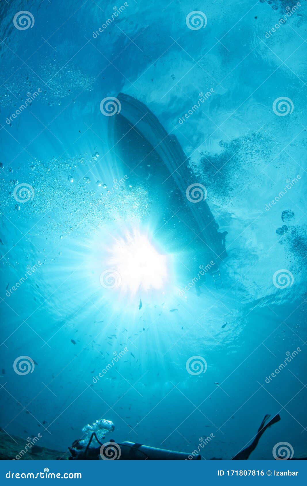 Diving Boat Ship from Underwater Blue Ocean with Sun Rays Stock Photo ...
