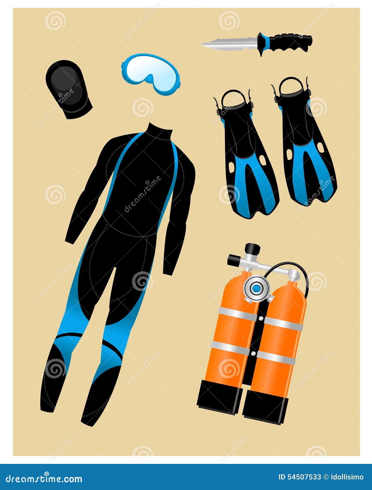 Diving Equipment Set stock vector. Illustration of water - 54507533