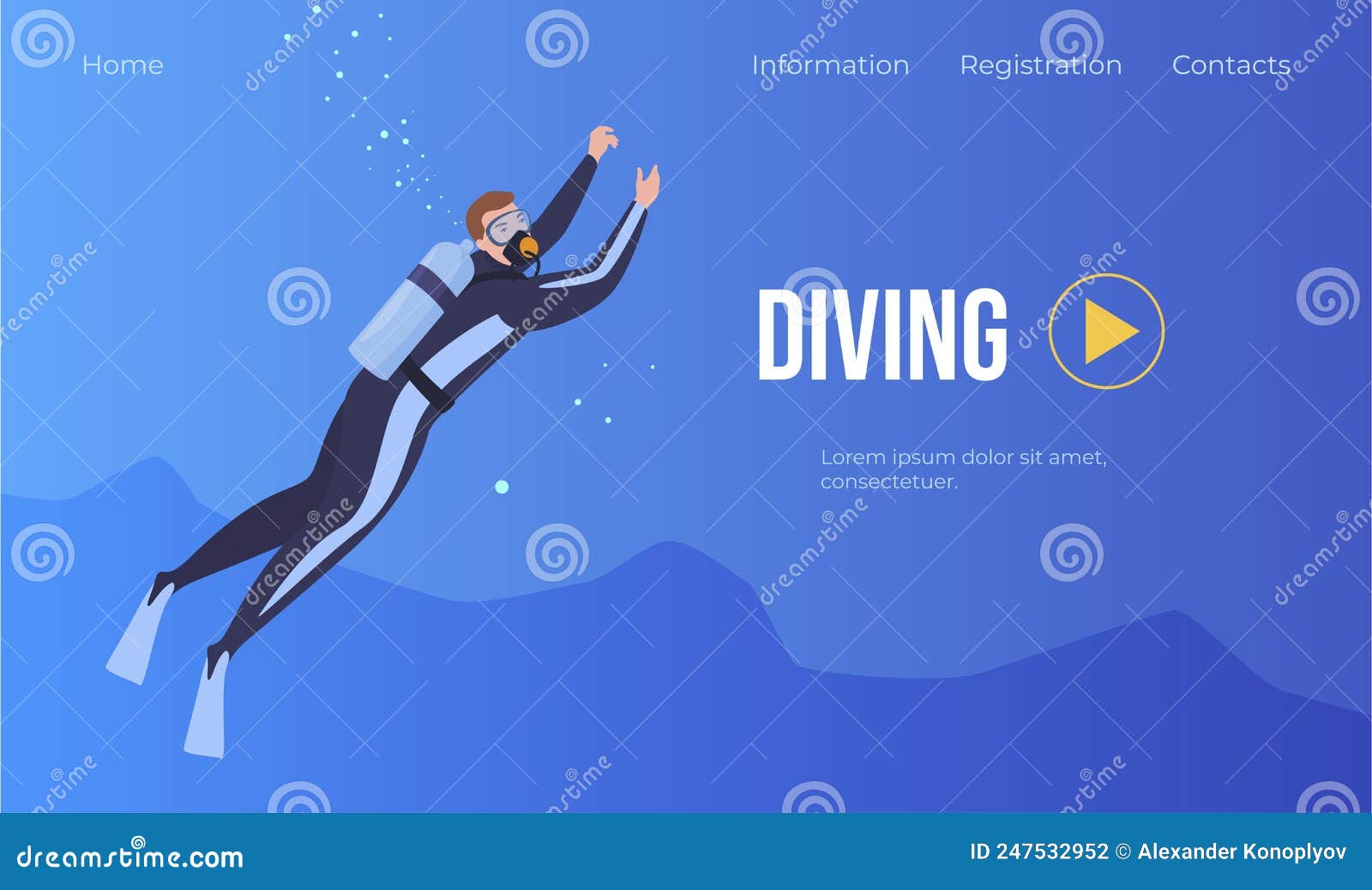 Diving Landing Page User Interface Vector Flat Male Diver in Aqualung ...