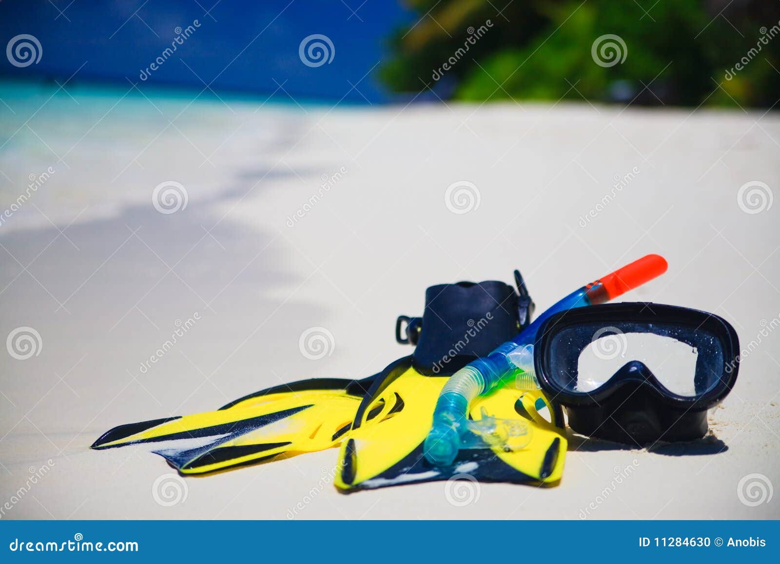 Diving Mask with Fins on Beach Stock Photo - Image of mask, flipper ...