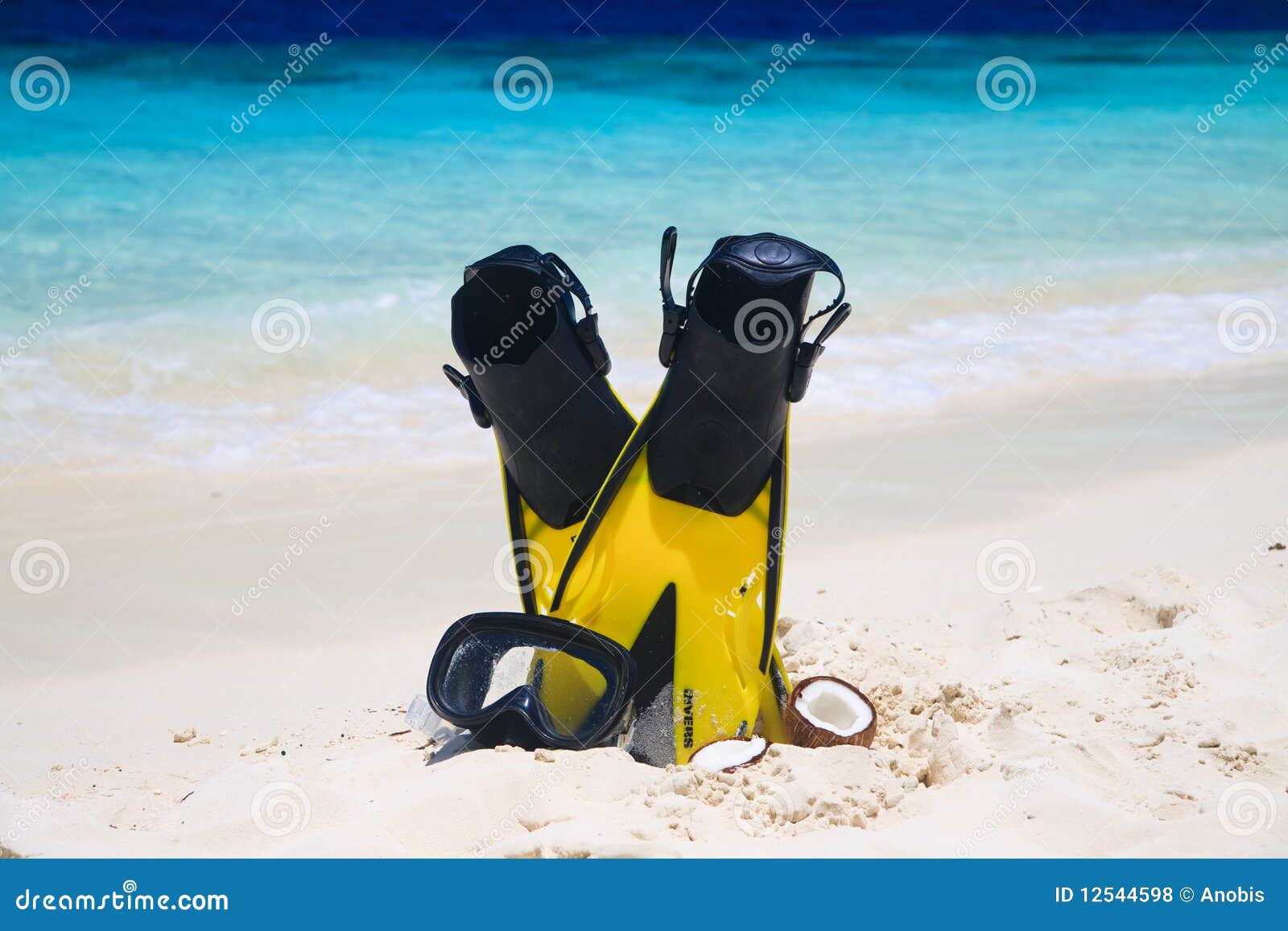 Diving Mask with Fins on Beach Stock Photo - Image of enjoyment ...