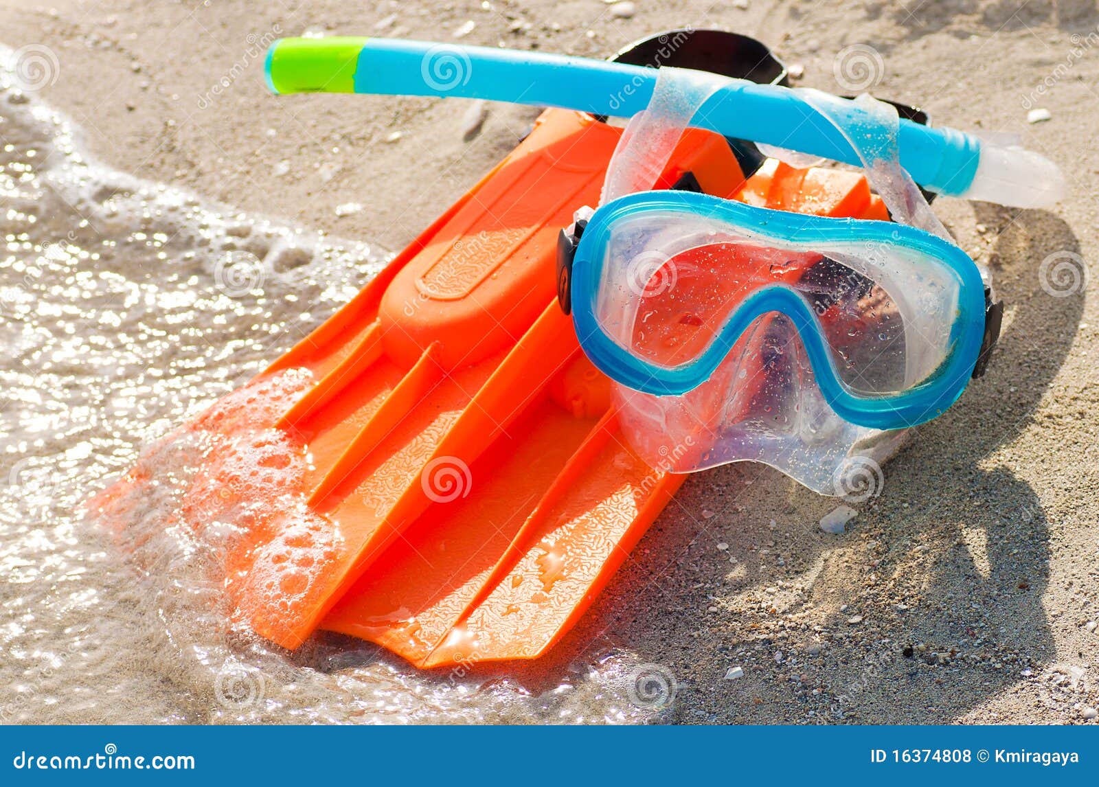 Diving Mask, Snorkel and Fins on a Sandy Beach Stock Photo - Image of ...