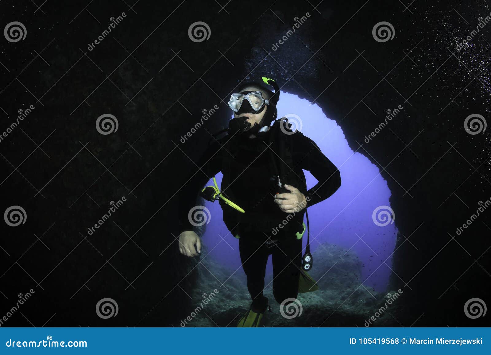 Diving in Underwater Cave - Majorca Stock Photo - Image of cave ...