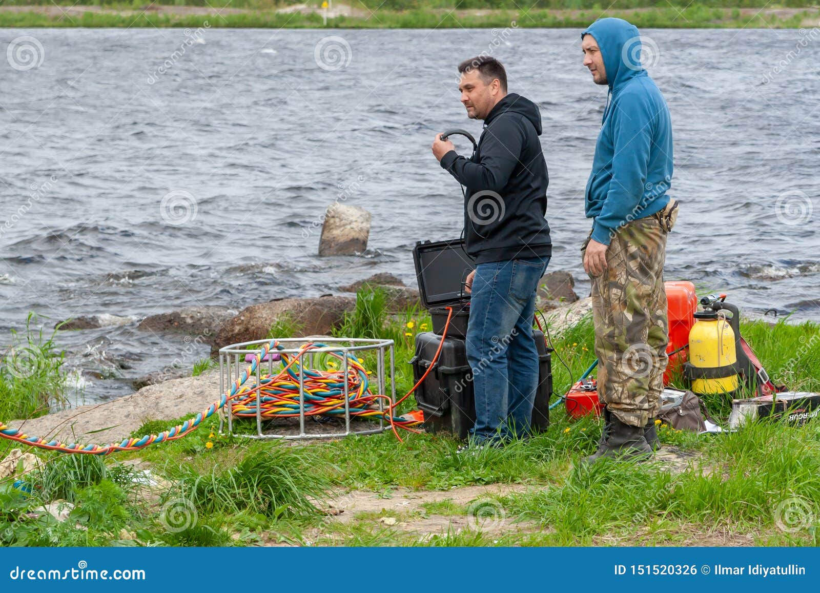 Diving Work. on the Shore Support Group Monitors the Work of the Diver ...