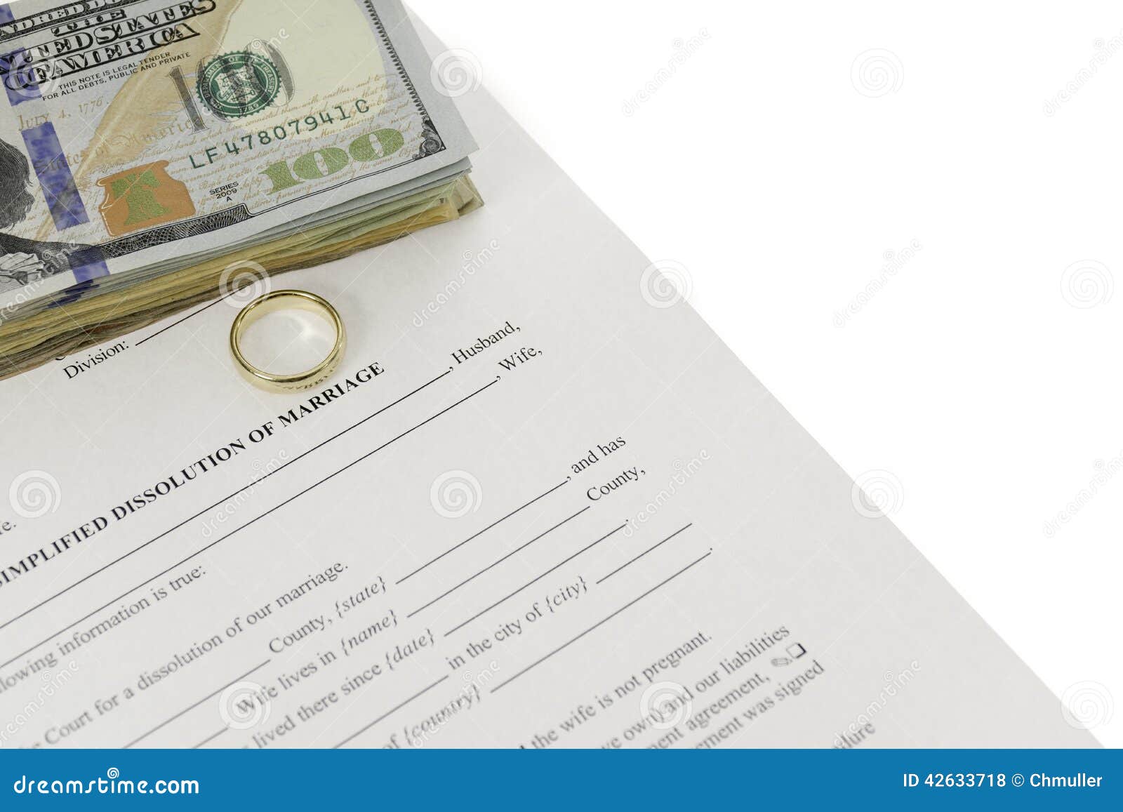 Divorce Form with Stack of Hundred Dollars Bills Stock Photo - Image of ...