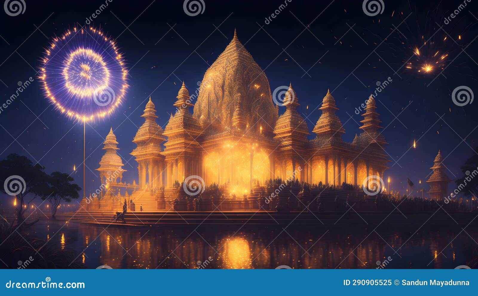 Diwali Fireworks Above Hindu Temple Stock Illustration - Illustration ...