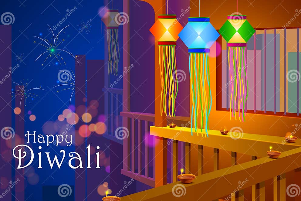 Diwali Hanging Lantern with Firework Backdrop Stock Vector ...