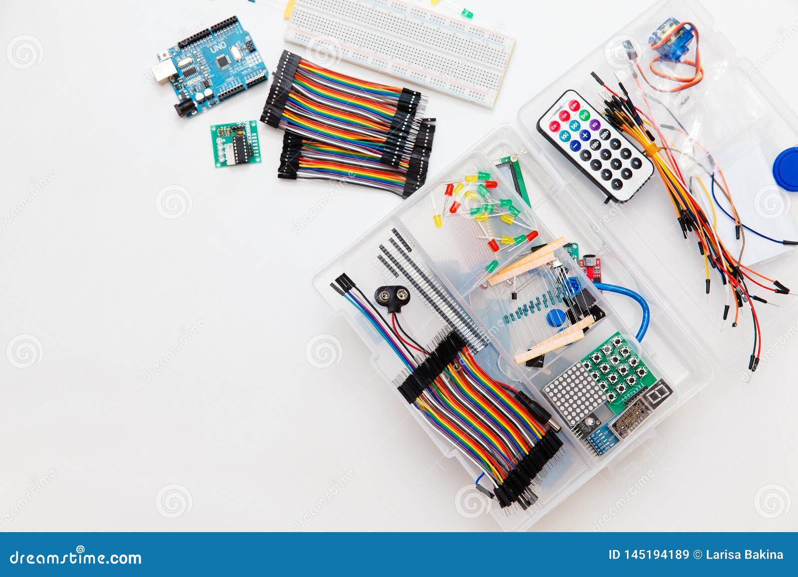 Diy Arduino Flat Layout On White Background Copy Space Electronic Workshop Components