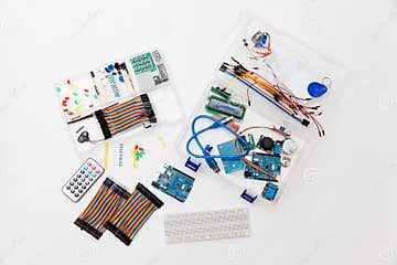 DIY Arduino. Flat Layout on White Background, Copy Space. Electronic ...
