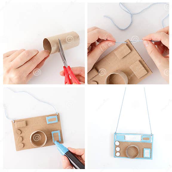 DIY Cardboard Camera Craft Step-by-step Assembly. Collage Showing ...