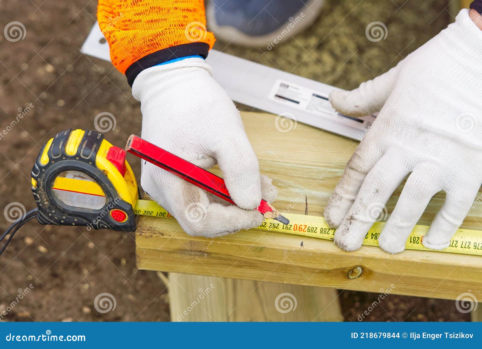 Diy Carpenter Marks a Piece of Wood. Carpenter& X27;s Hands in White ...