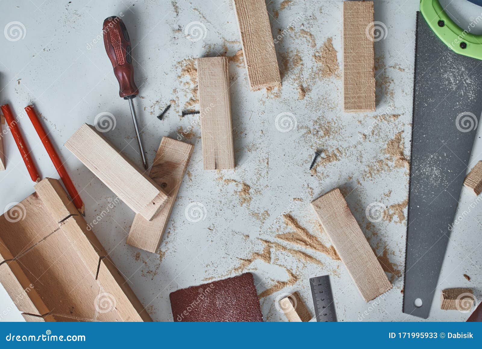 DIY Concept. Work Table with a Carpenter Tools and Cropped Wooden ...