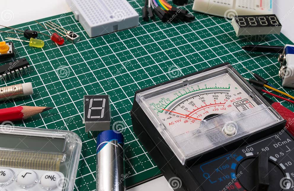 DIY Electrical Maker Tools Components on Green Cutting Mat Board. Stock ...