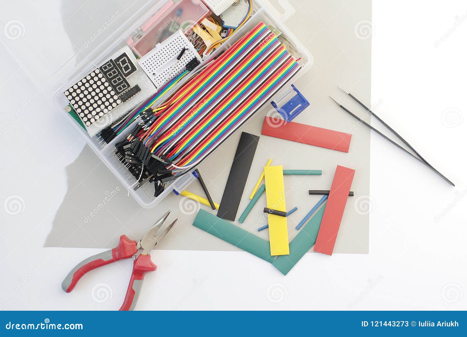 DIY Electronics Hobby Kit Opened Heatshrink Laying Around on the Grey ...