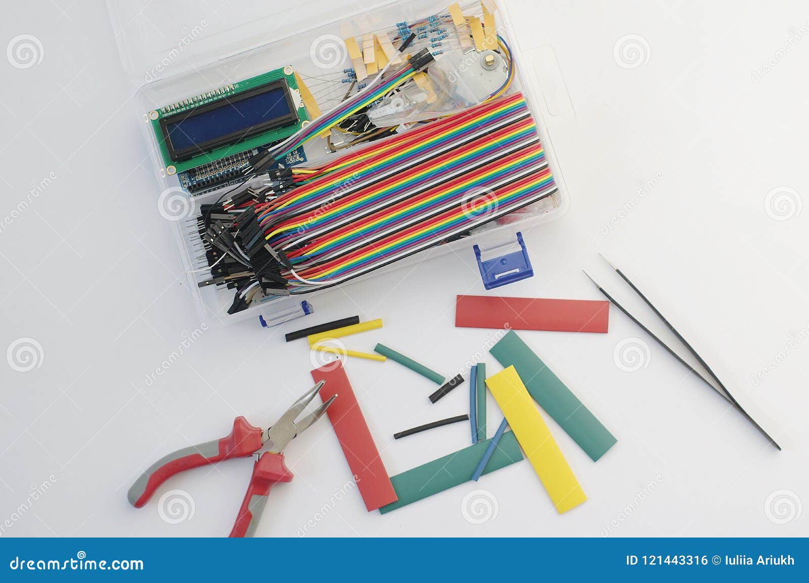 DIY Electronics Hobby Kit Opened Heatshrink Laying Around on the Grey ...