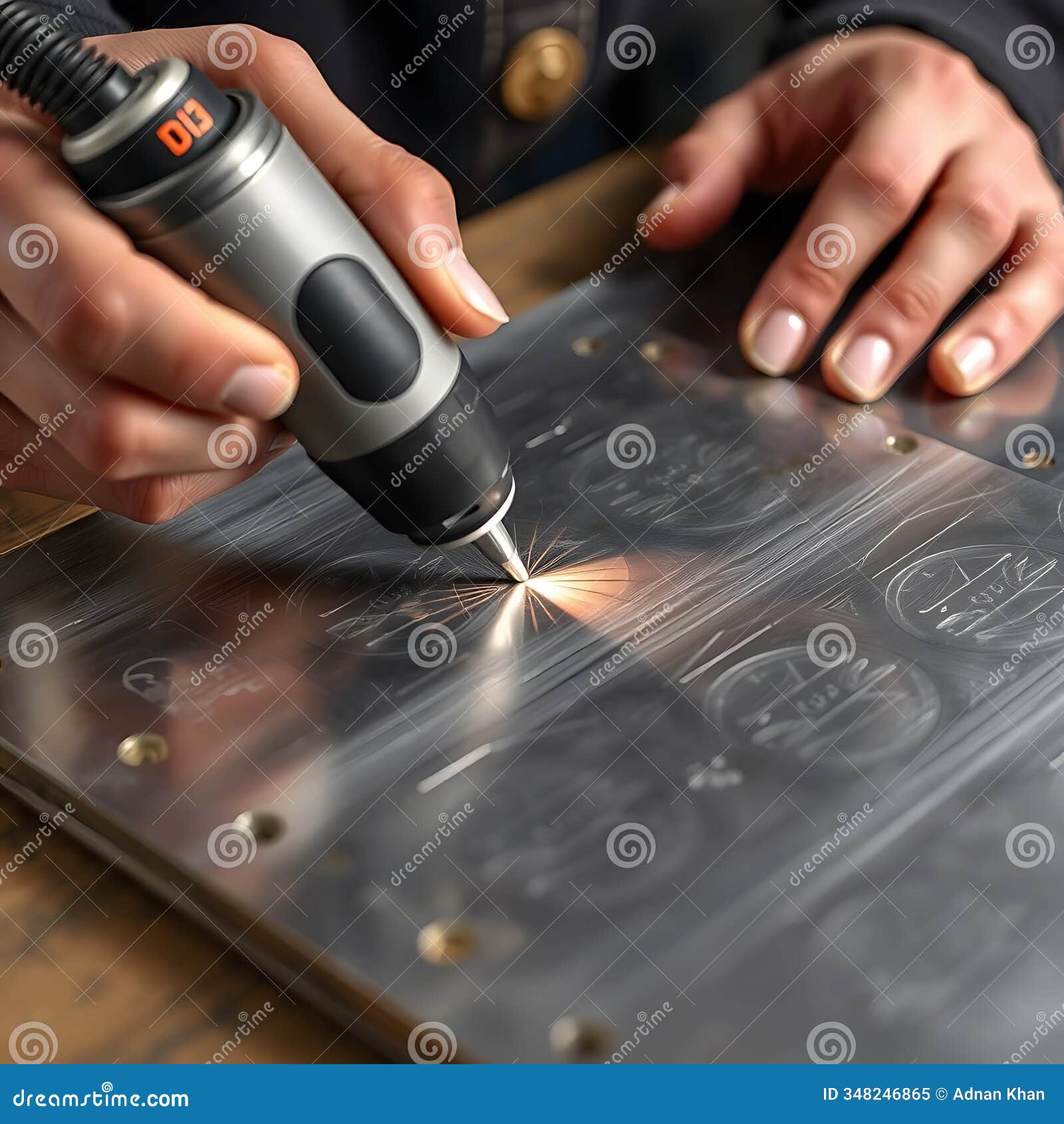 A DIY Enthusiast Using a Dremel Tool To Etch Patterns on a Metal Sheet ...