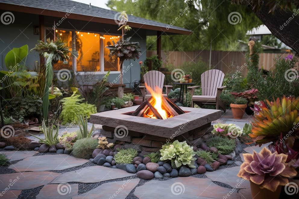 Diy Fire Pit on a Patio with Surrounding Plants Stock Image - Image of ...