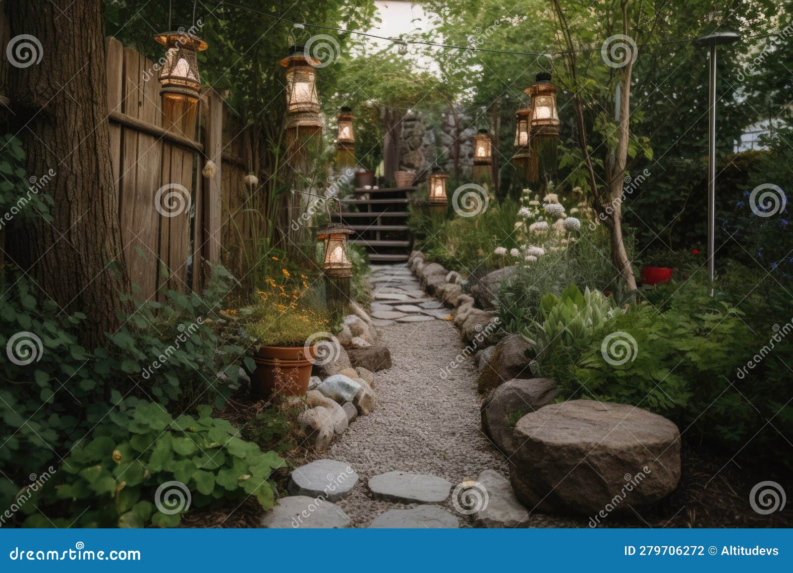 Diy Garden with Stone Path, Hanging Lanterns and Natural Decor Stock ...