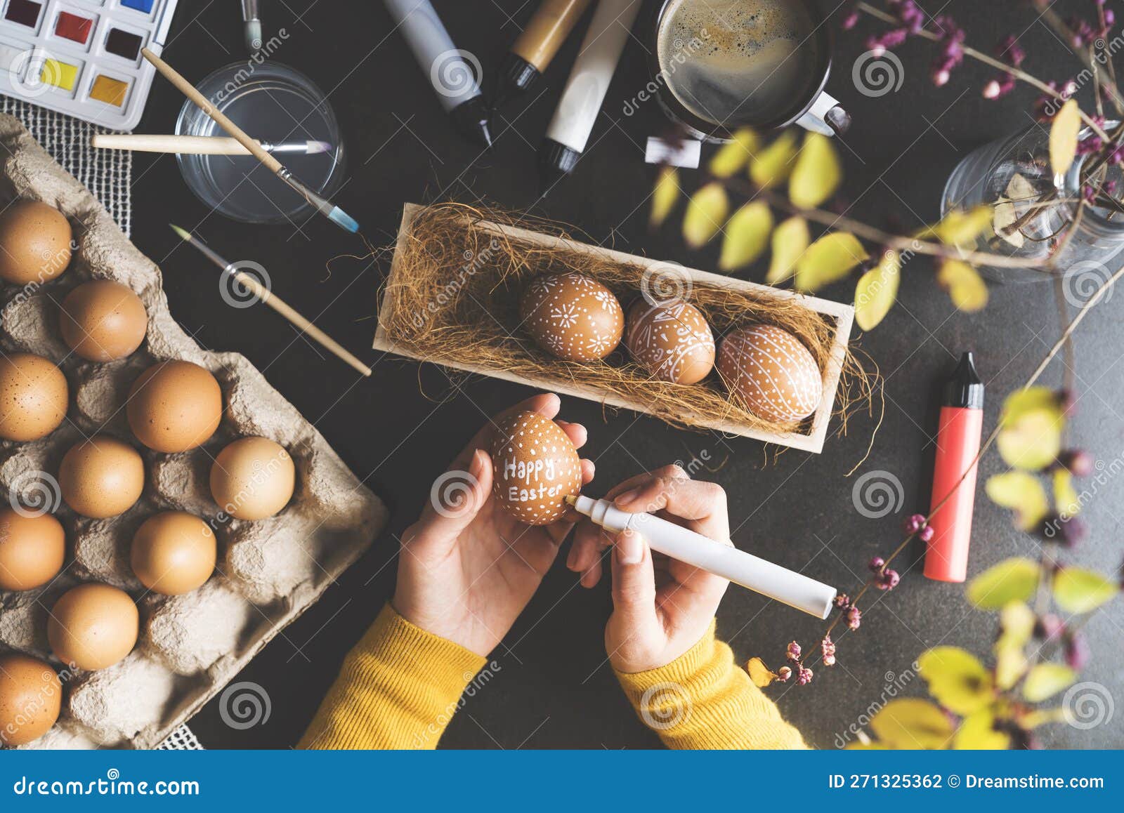 DIY Hand Painted Easter Eggs. Top View Table Top Shot with Eggs, Paints ...