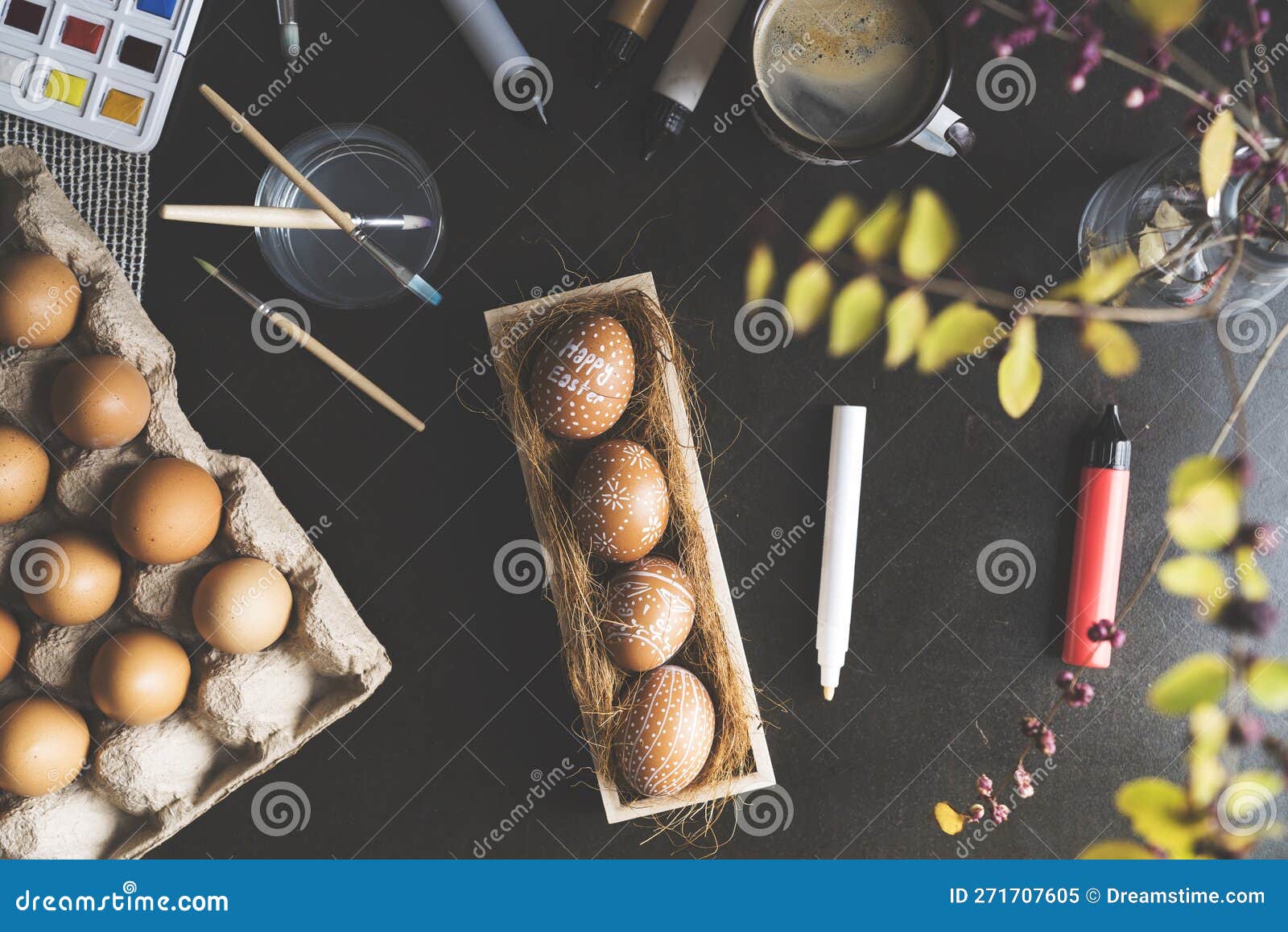 DIY Hand Painted Easter Eggs. Top View Table Top Shot with Eggs, Paints ...