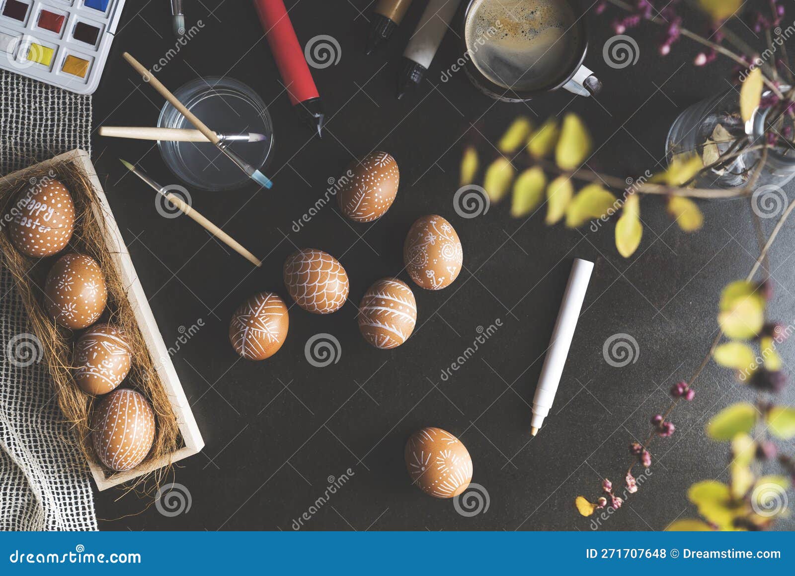 DIY Hand Painted Easter Eggs. Top View Table Top Shot with Eggs, Paints ...