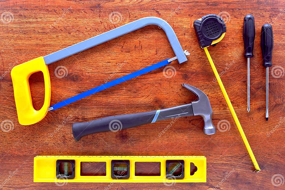 DIY Handyman Tool Set on Wood Workbench Stock Image - Image of ...